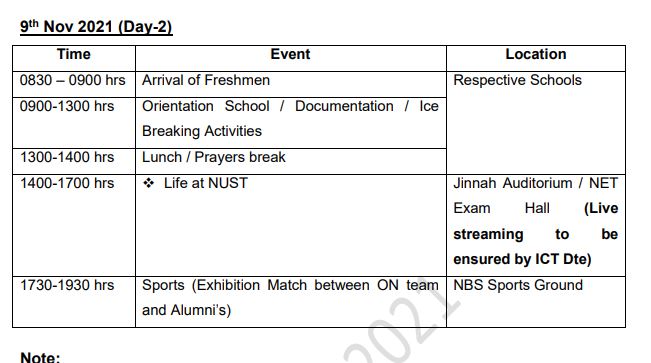 Orientation of NUST H-12 Campus Schedule | NUST