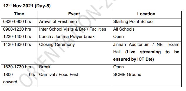 Orientation of NUST H-12 Campus Schedule | NUST