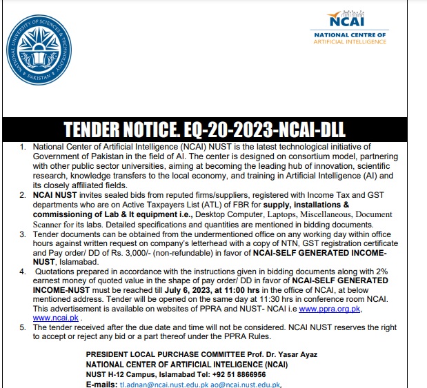 Tender Notice EQ-20-2023-NCAI-DLL – NUST