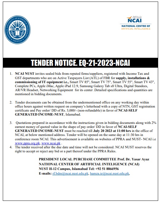 Tender Notice EQ-21-2023-NCAI | NUST